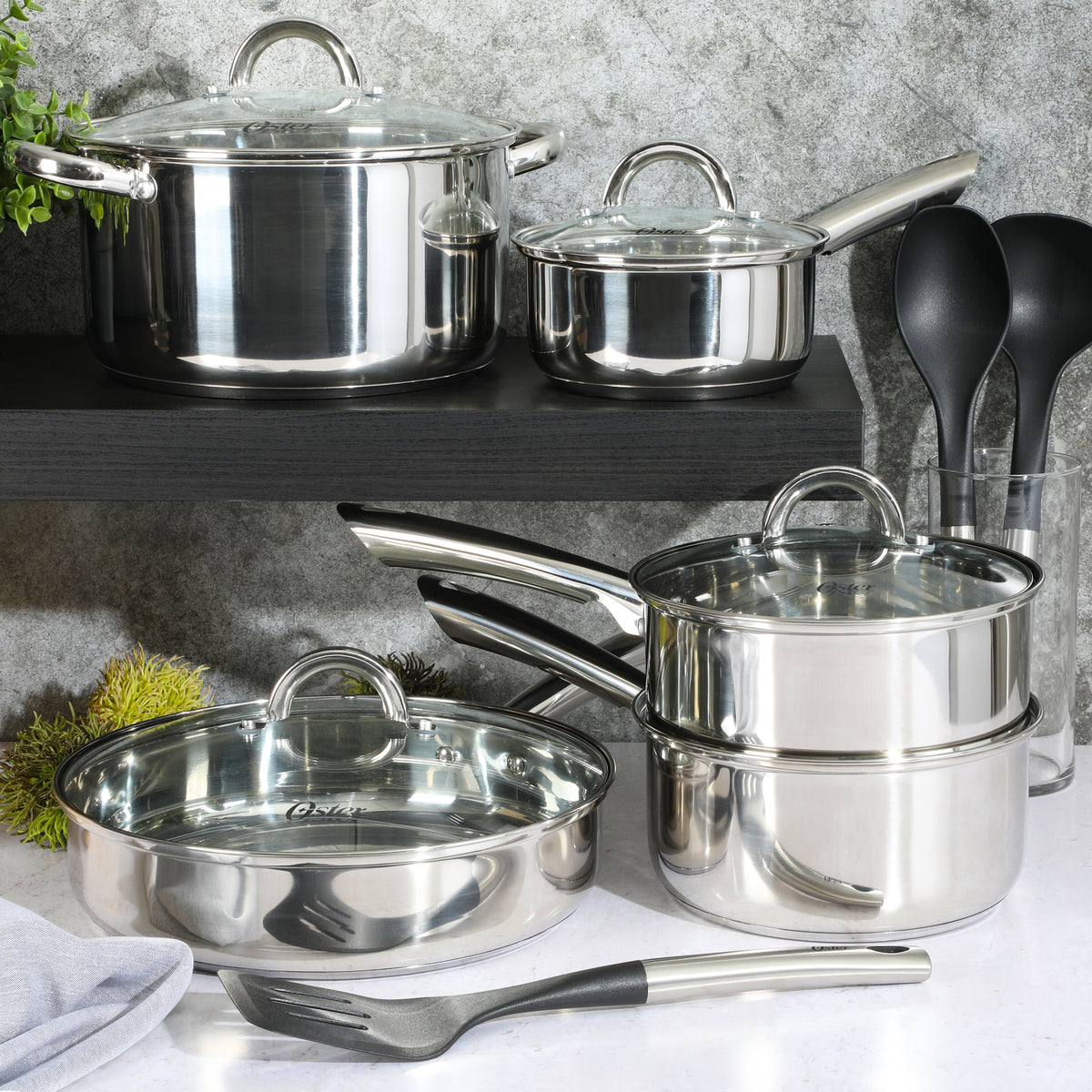 Oster Sangerfield 12-Piece Stainless Steel Cookware Set w/ Kitchen Too